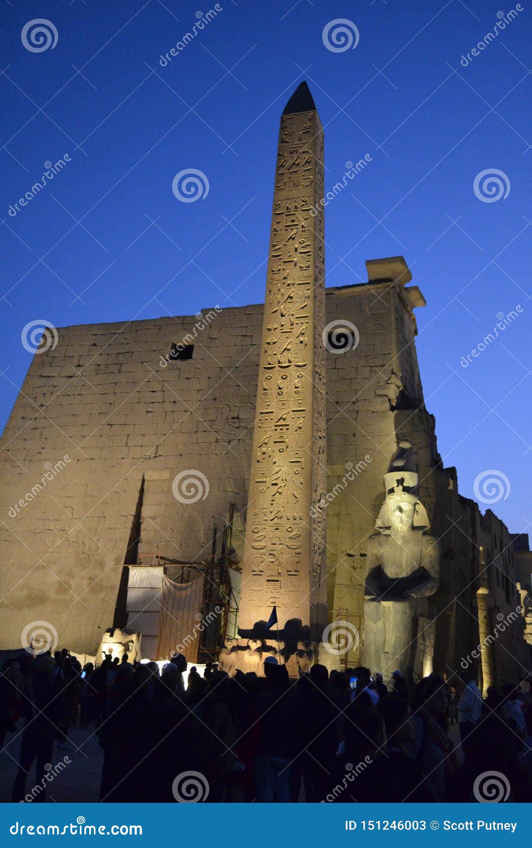 Illuminated Obelisk and Statue, Ancient Egypt Editorial Stock Photo ...
