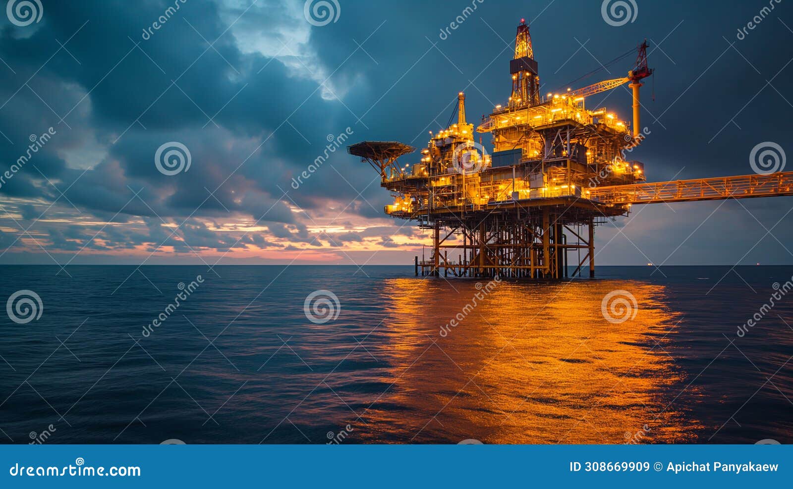 Illuminated Offshore Oil Platform Working through the Night Stock ...