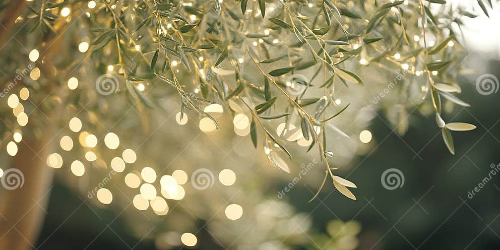 Illuminated Olive Tree Branches with Warm Bokeh Lights at Dusk Stock ...