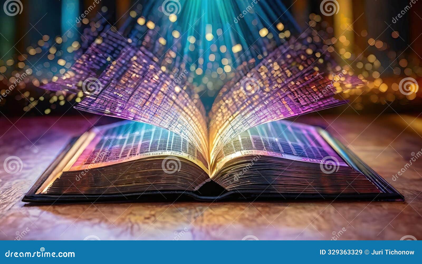 Illuminated Open Book with Glowing Pages. the Flow of Data Emanates ...
