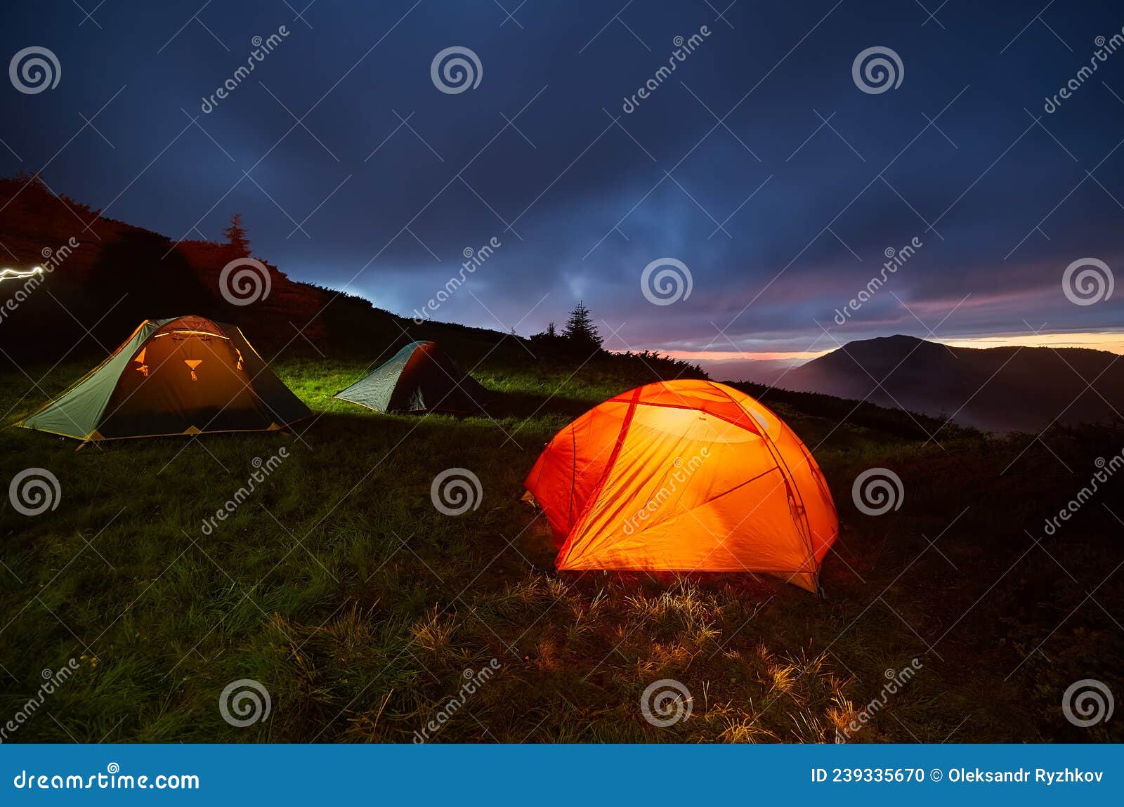Illuminated Orange Camping Tent Under Moon Stock Photo - Image of ...