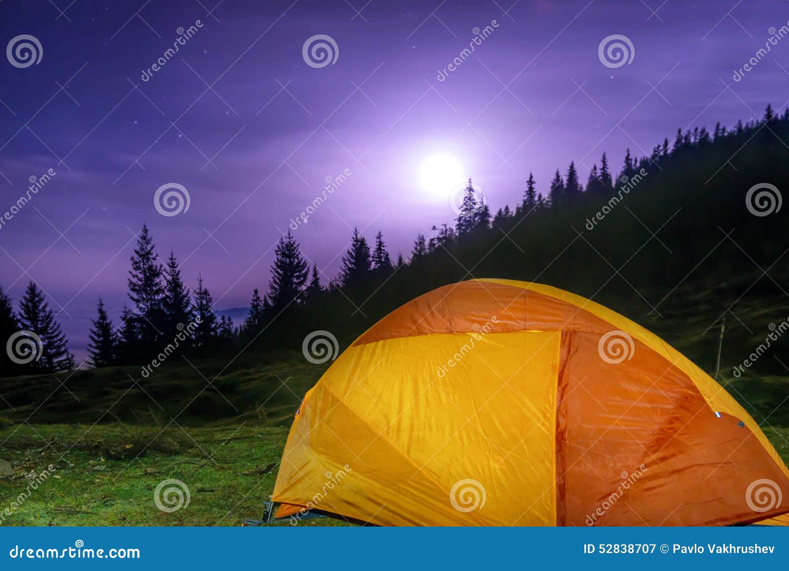 Illuminated Orange Camping Tent Stock Image - Image of constellation ...