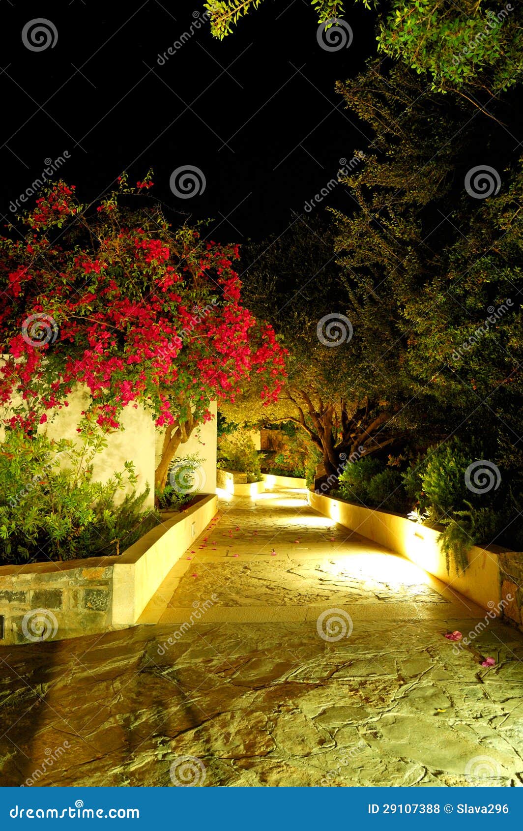 Illuminated Path at Luxury Hotel Stock Photo - Image of night, crete ...