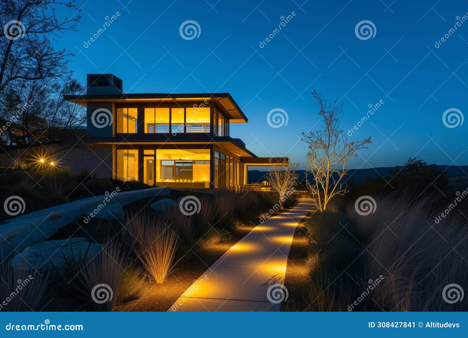 Illuminated Pathway Leading To a Modern House with Lit Windows Stock ...
