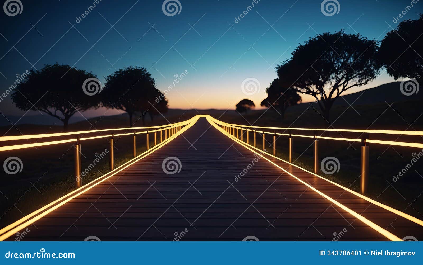Illuminated Pathway at Sunset with Glowing Railings and Silhouetted ...