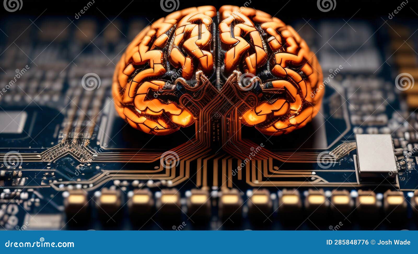 Circuit Board with a Glowing Orange Brain, Electronic Brain. Generative ...