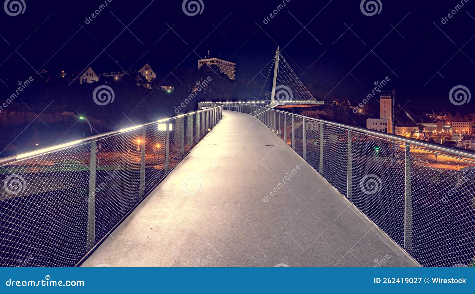 Illuminated Pedestrian Bridge at Night Stock Image - Image of ...