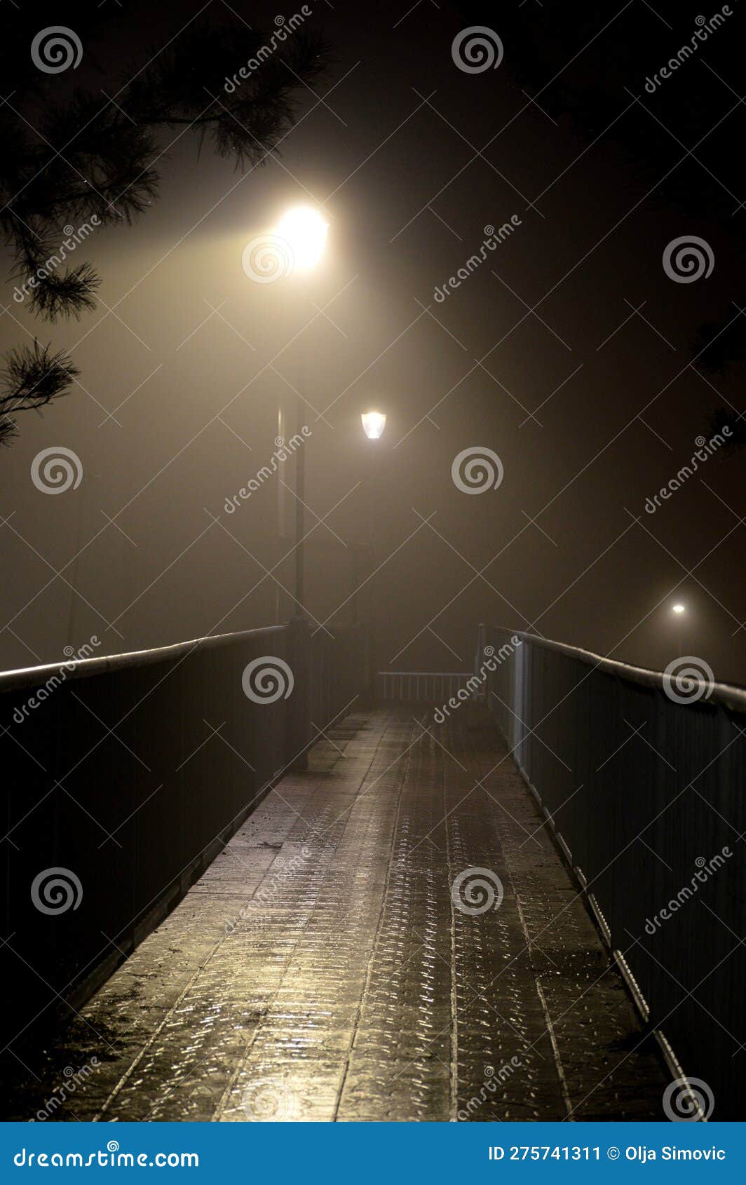 Illuminated Pedestrian Bridge at Night in the Rain Stock Image - Image ...