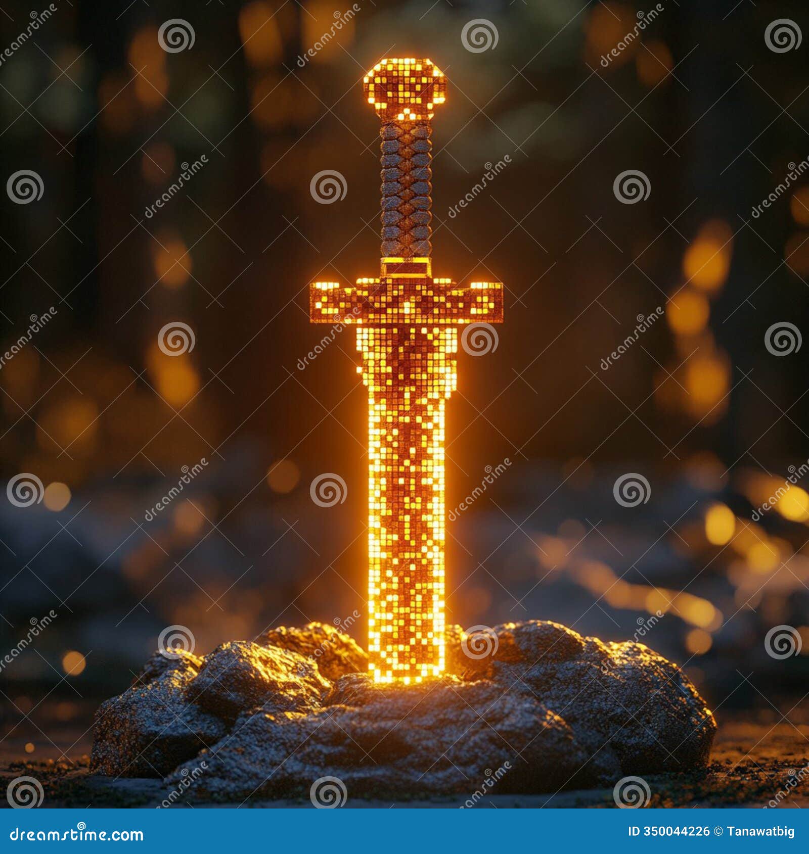 Illuminated Pixelated Sword Glowing in the Forest at Dusk. Stock ...