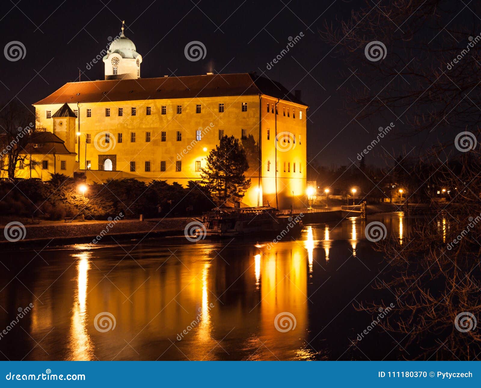 Illuminated Podebrady Castle at Labe River by Night, Czech Republic ...