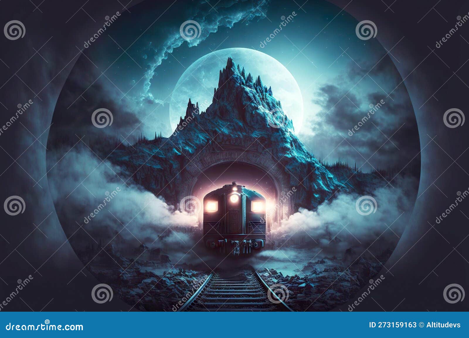 Illuminated Polar Express Train Exits Passage In Rock In Form Of Tunnel ...