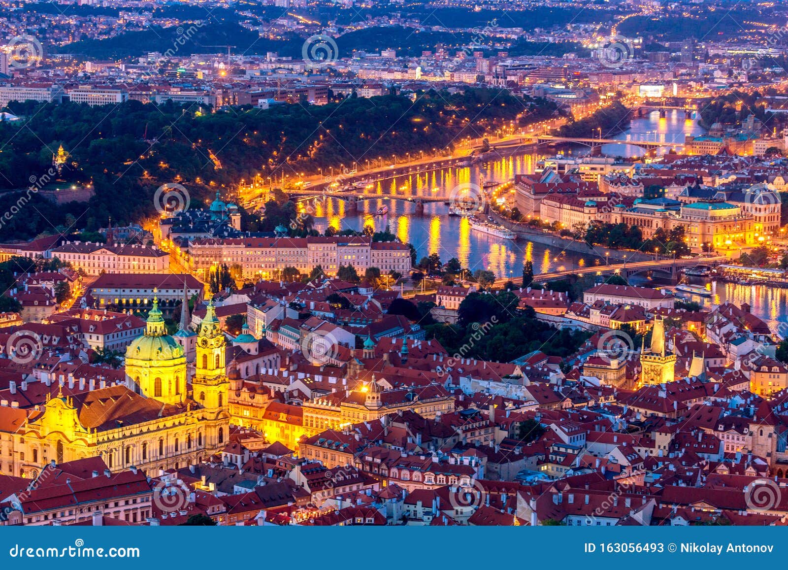 Illuminated Prague at Twilight Blue Hour. VIew from Petrin Hill Stock ...
