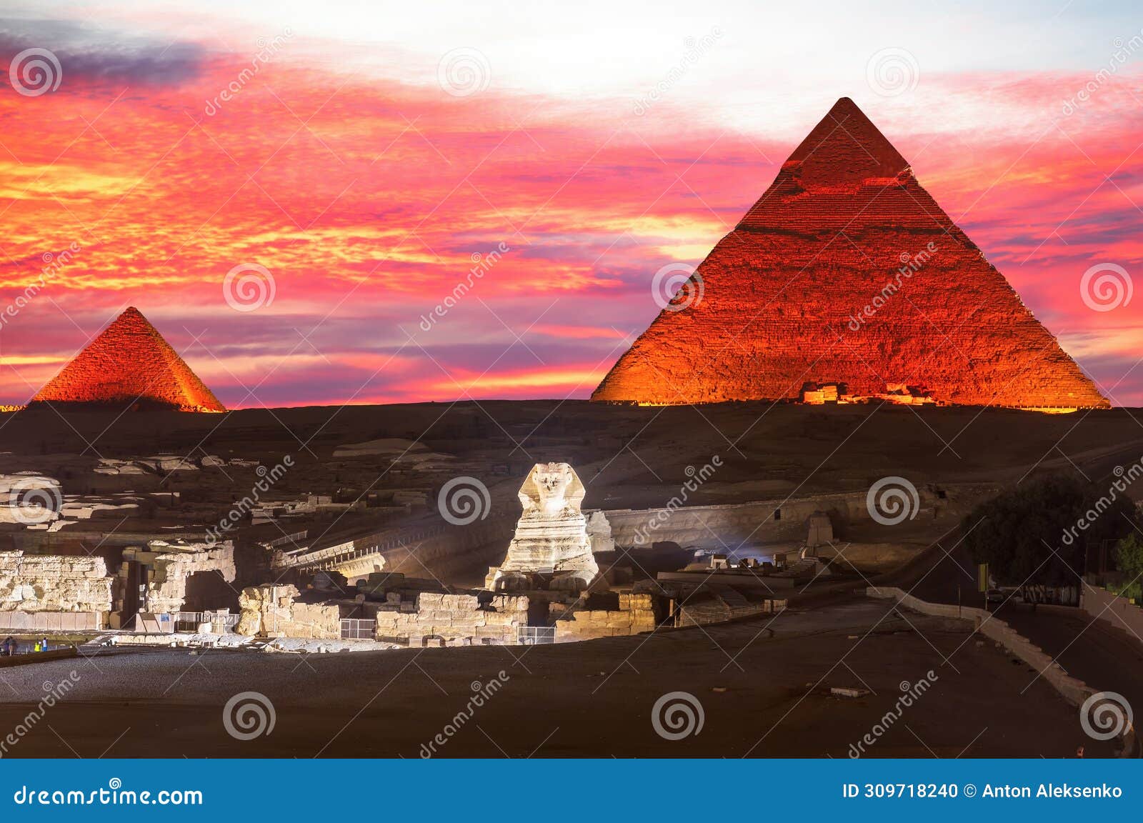 Illuminated Pyramids of Egypt and the Great Sphinx Night View, Giza ...