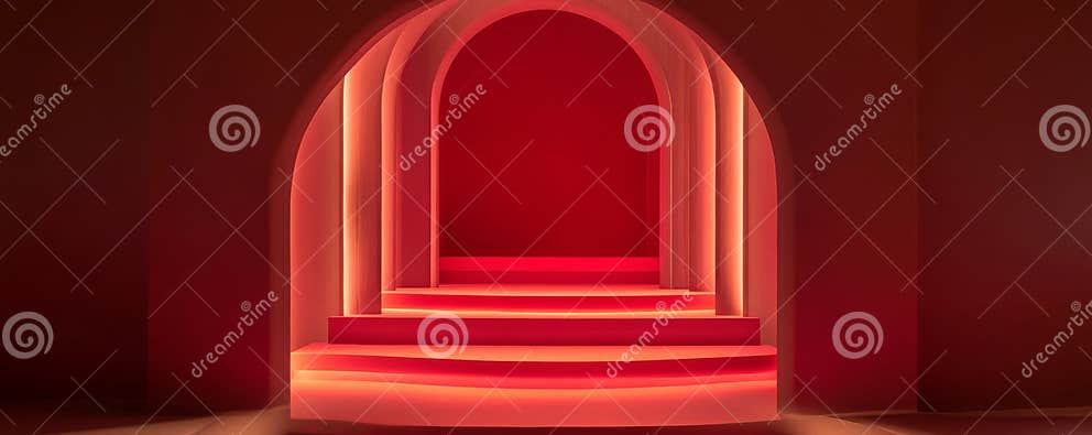 Illuminated Red Archway with Glowing Steps, Abstract Interior Design ...