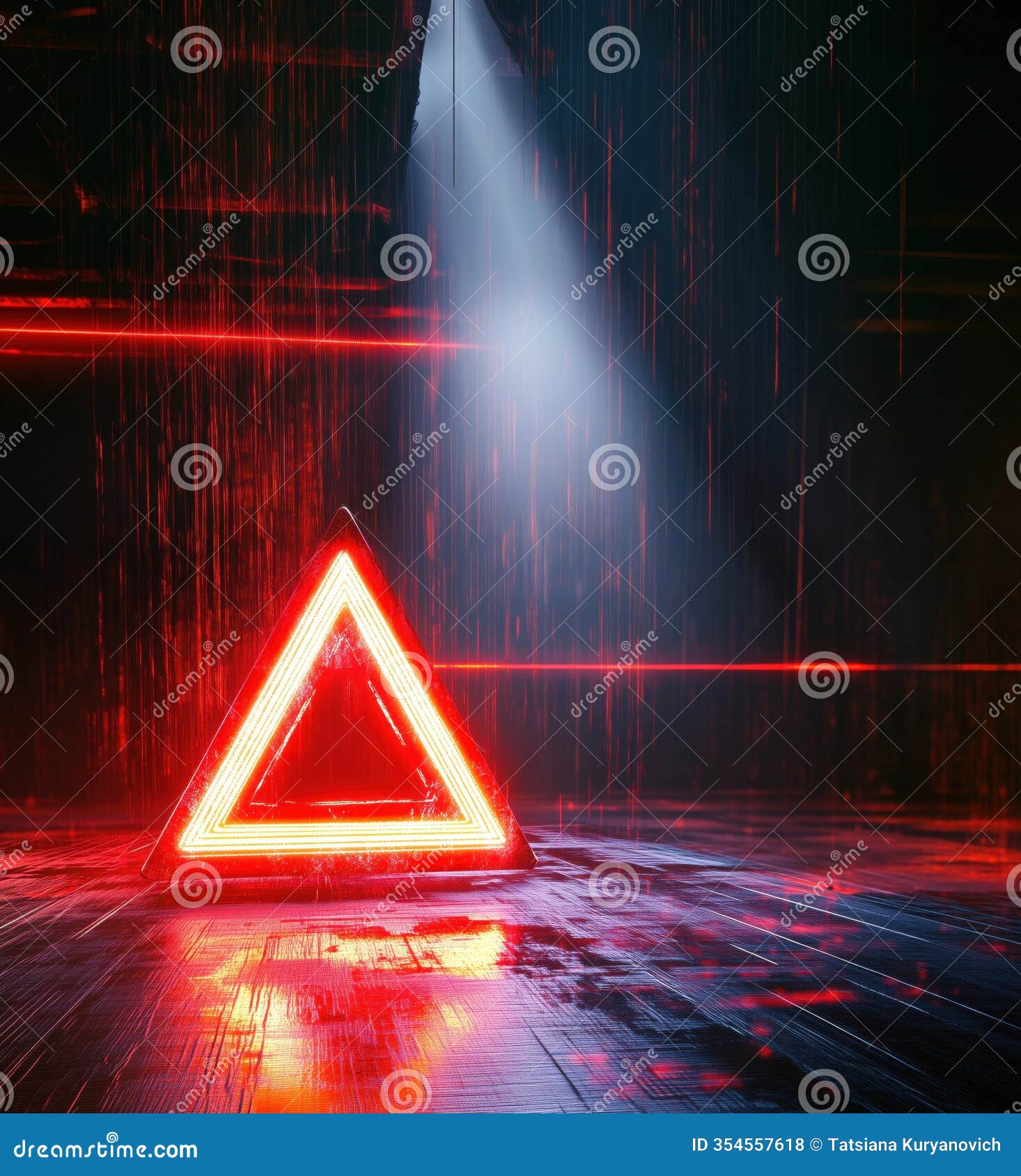Illuminated Red Triangle Sign in Dark Environment with Rain and Light ...