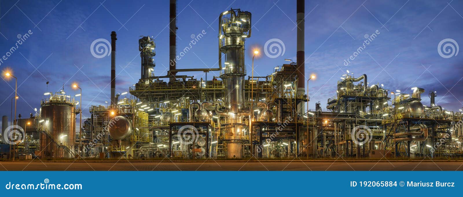 Illuminated Refinery Installations at Night Stock Photo - Image of ...