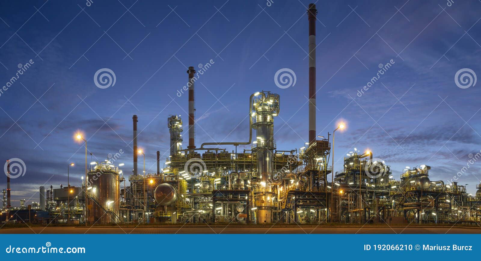 Illuminated Refinery Installations at Night Stock Photo - Image of ...