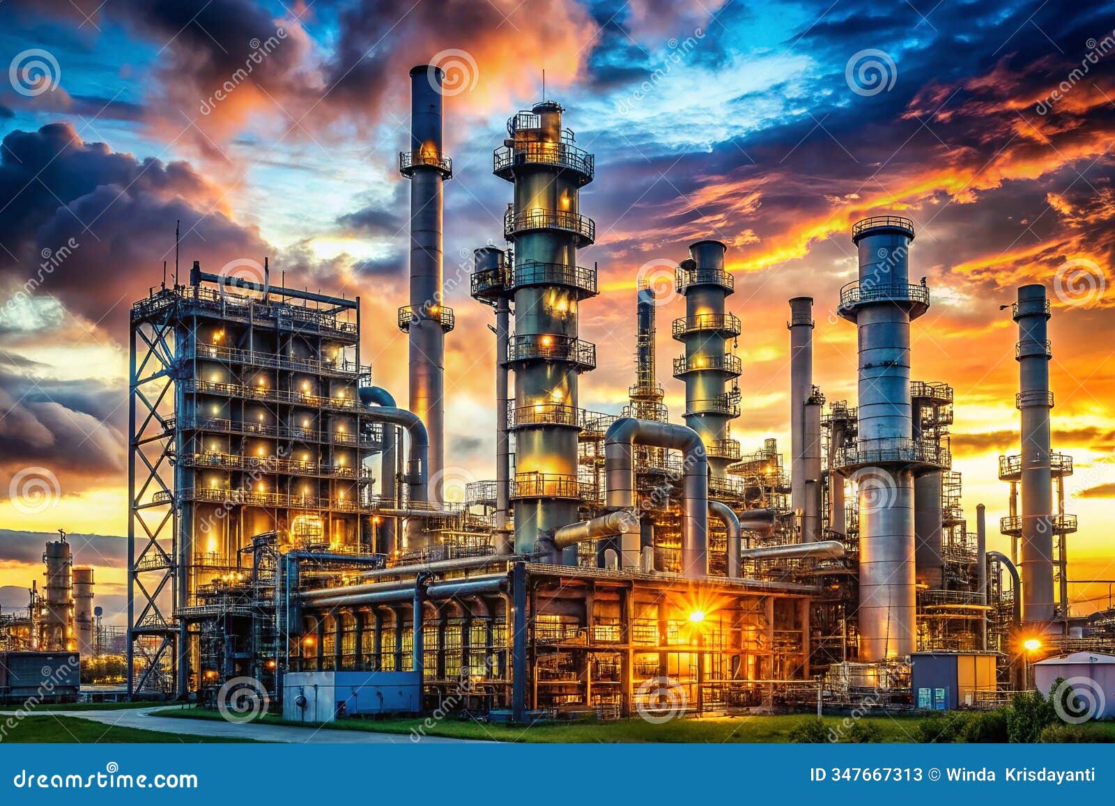 Illuminated Refinery at Sunset Stock Illustration - Illustration of ...