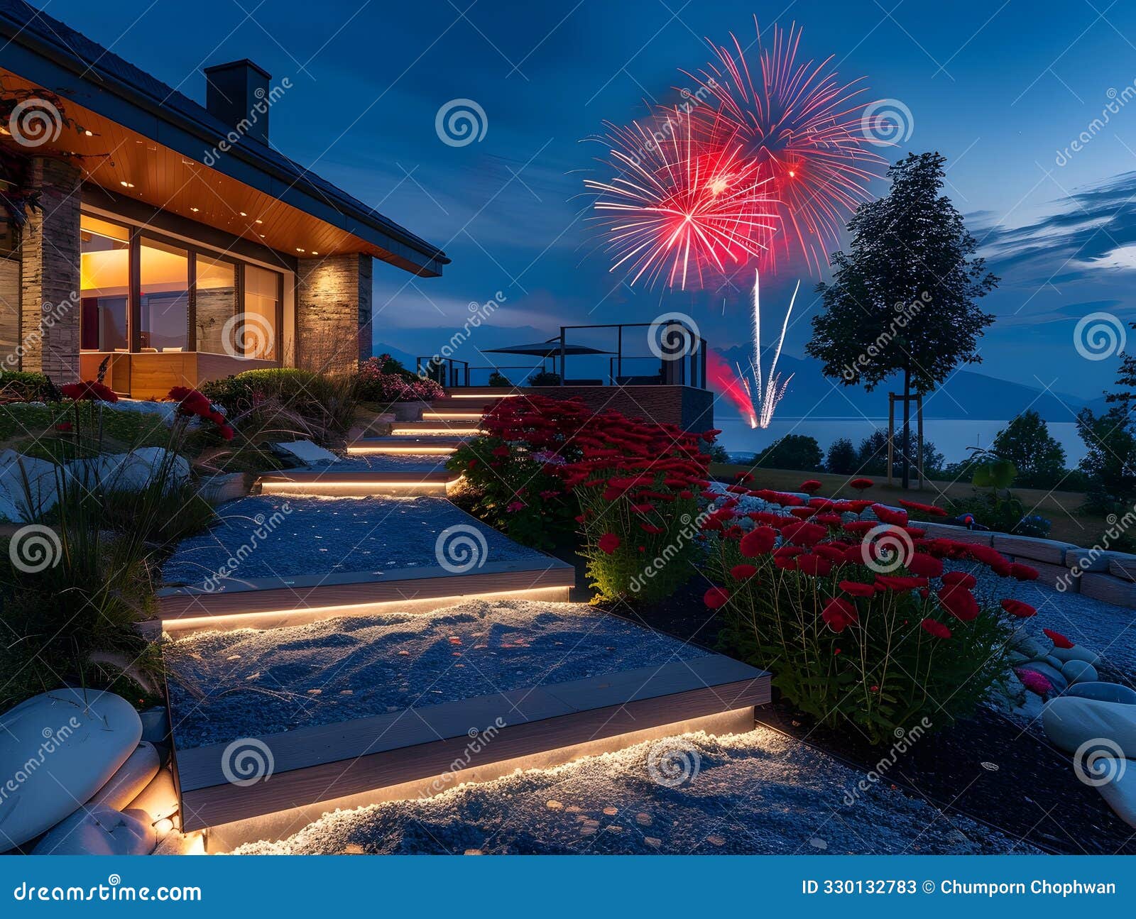 Illuminated Residential Garden Landscape with Dramatic Fireworks ...