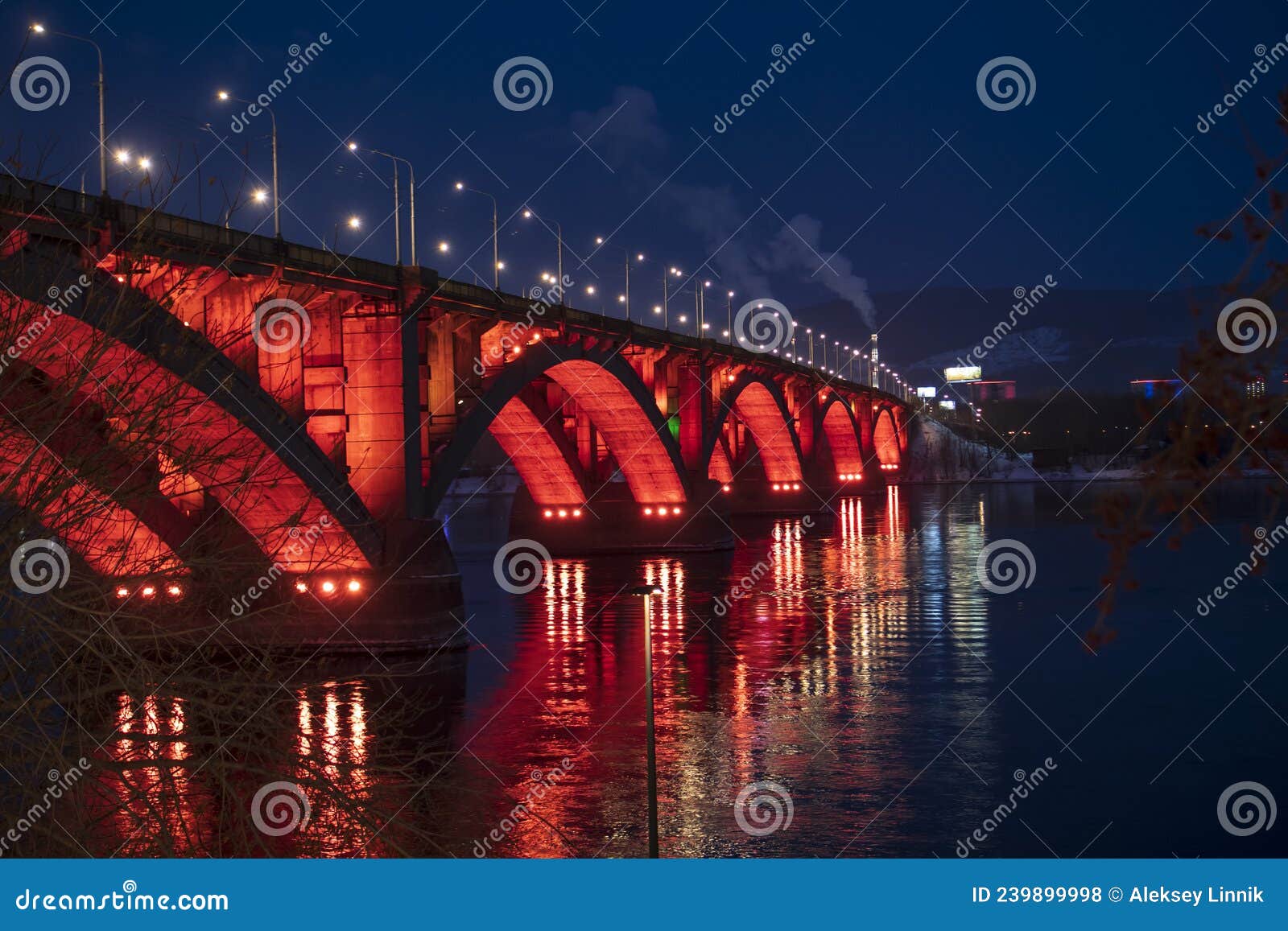 Illuminated river bridge stock photo. Image of illumination - 239899998