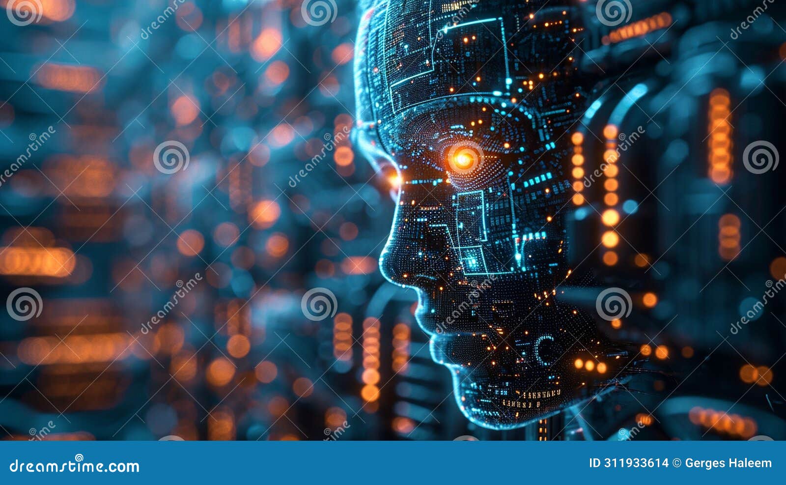 Illuminated Robot Head in Background Lights Stock Illustration ...