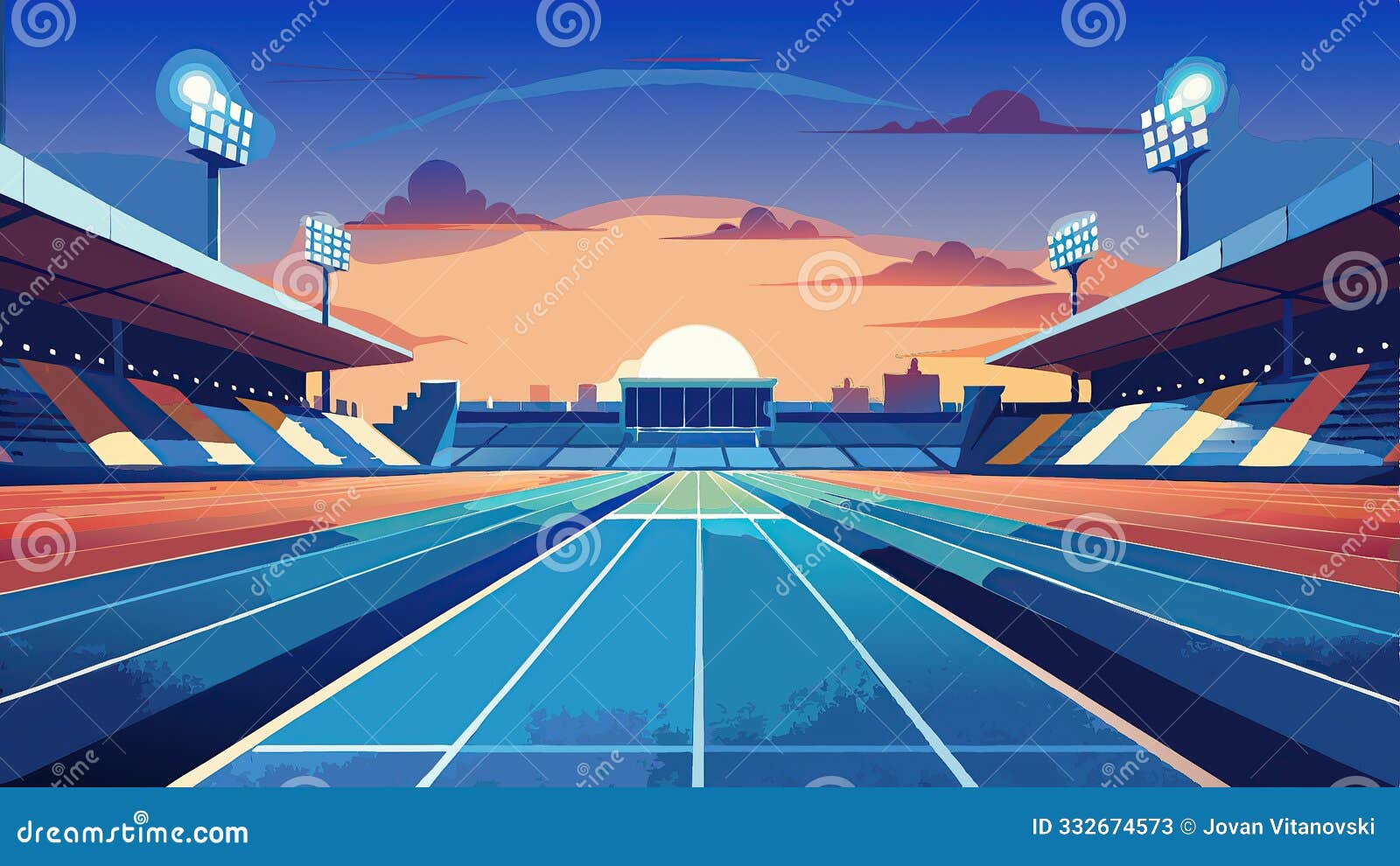 Illuminated Running Track and Field at Sunset in a Stadium Stock ...
