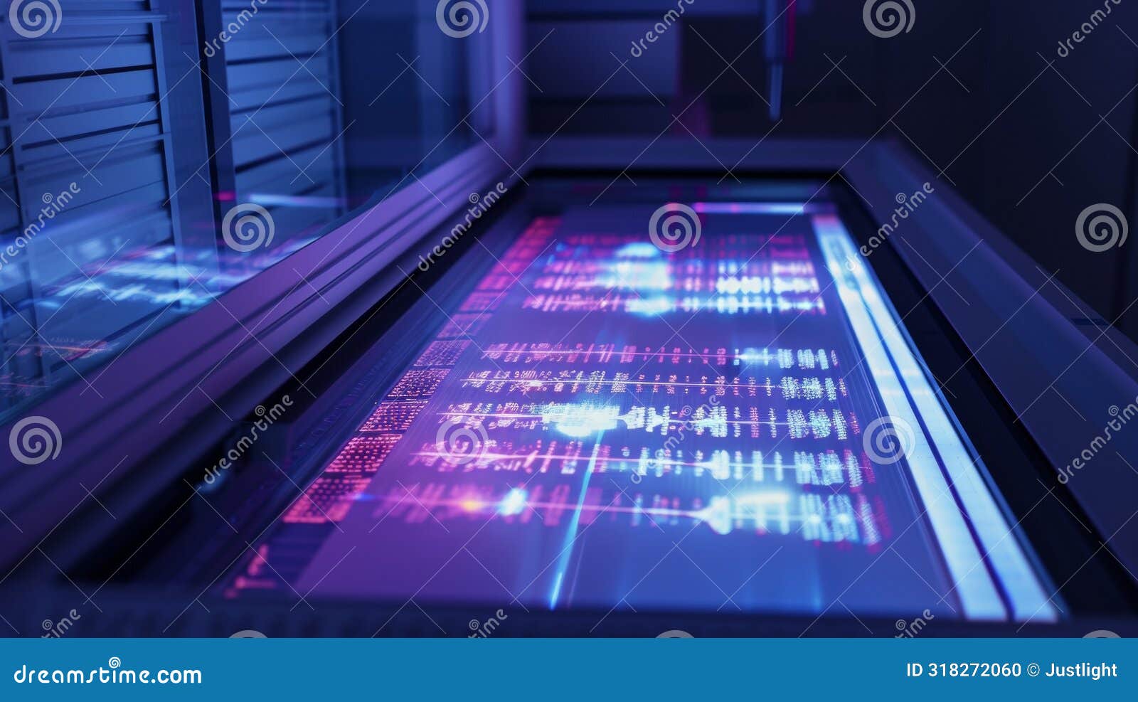 An Illuminated Scanner Screen with a Detailed Image of Genetic Data ...