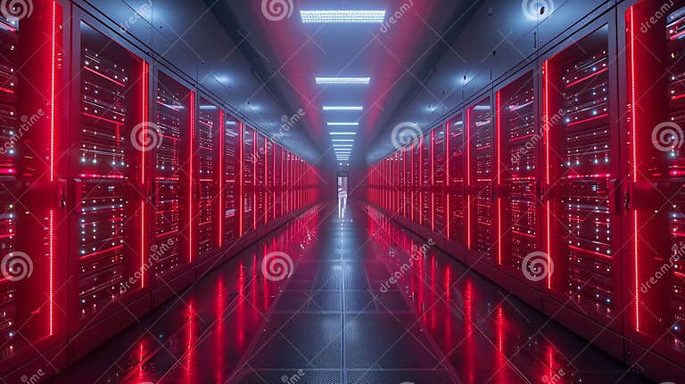 Illuminated Server Room with Red Lighting Showcasing Technology and ...