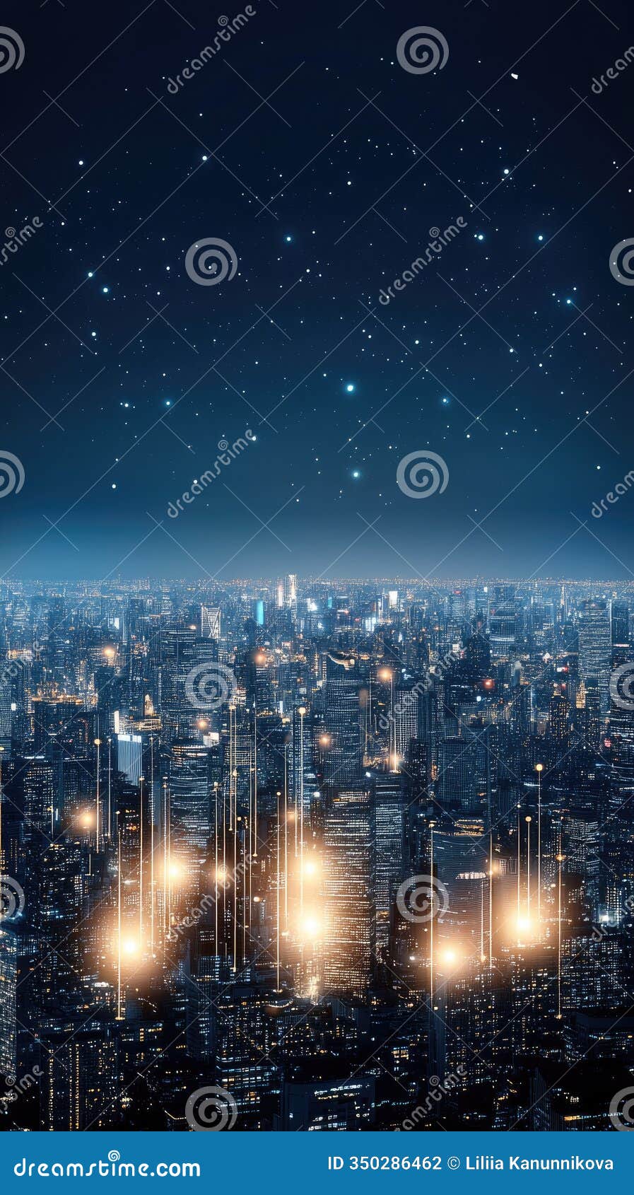 Illuminated Skyline of a Modern City Features Glowing Graphs and ...