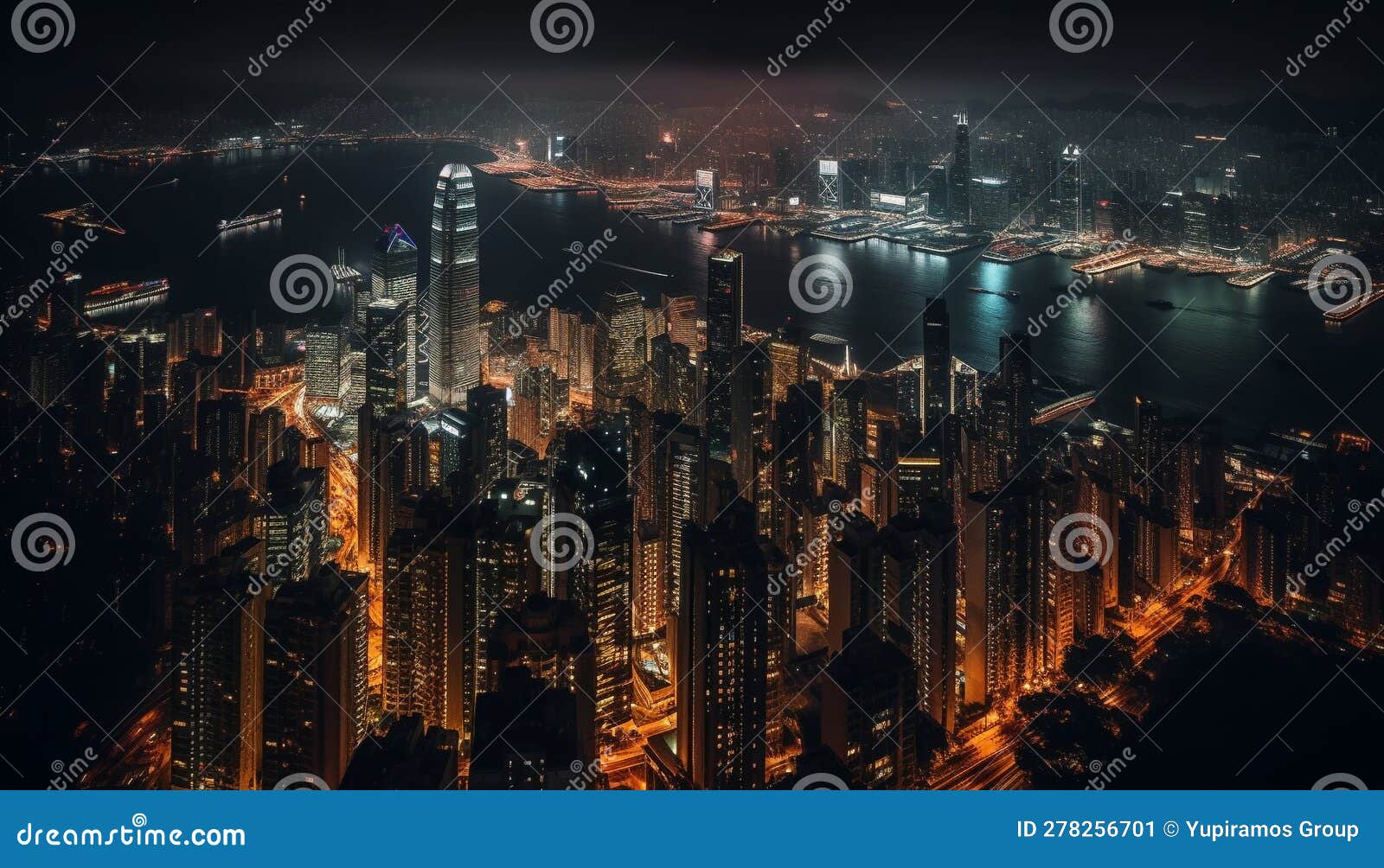 Illuminated Skyscrapers Reflect on Crowded Waterfront at Dusk Generated ...