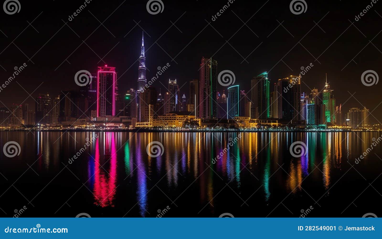 Illuminated Skyscrapers Reflect on the Waterfront, a Modern Cityscape ...