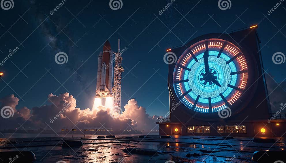 Illuminated Space Shuttle Launching at Night with Countdown Clock ...