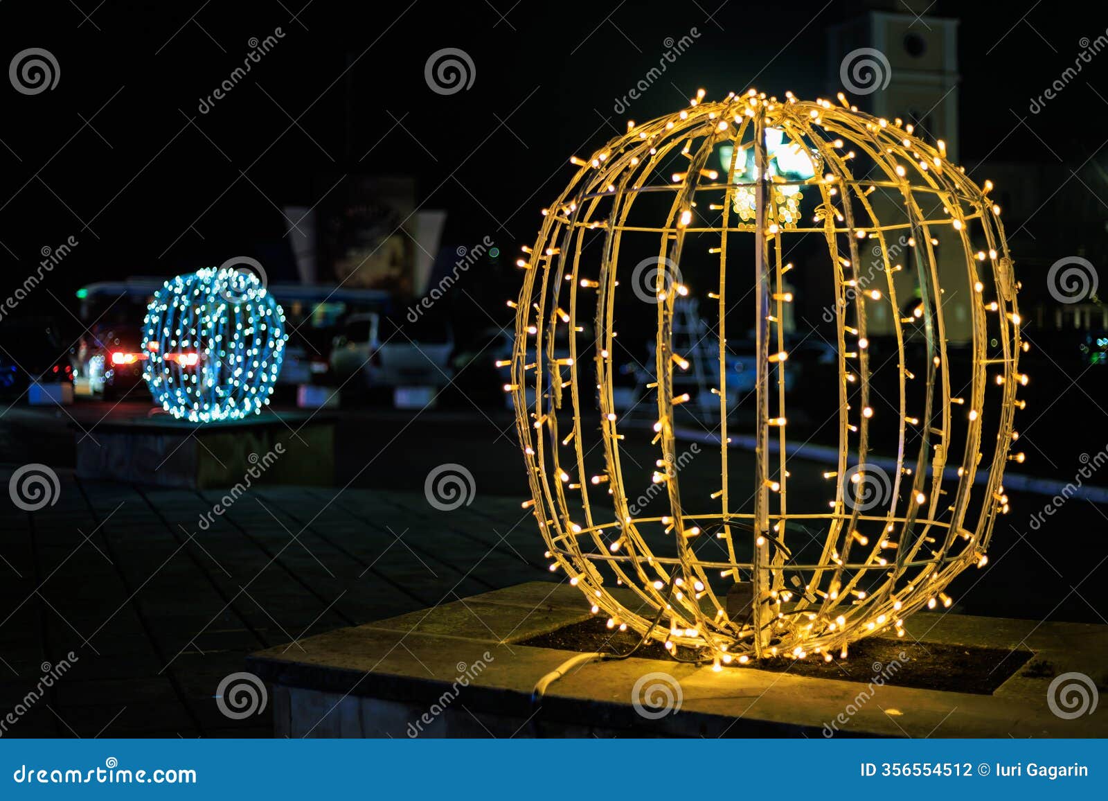 Illuminated Spherical Light Sculptures at Night in Urban Setting Stock ...