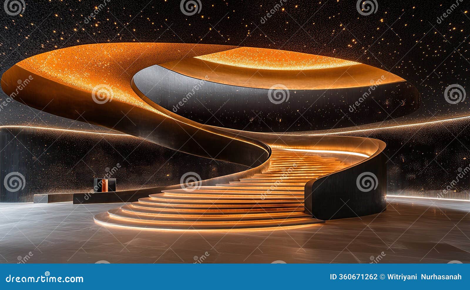 Illuminated Spiral Staircase, Modern Building, Night, Celestial Ceiling ...