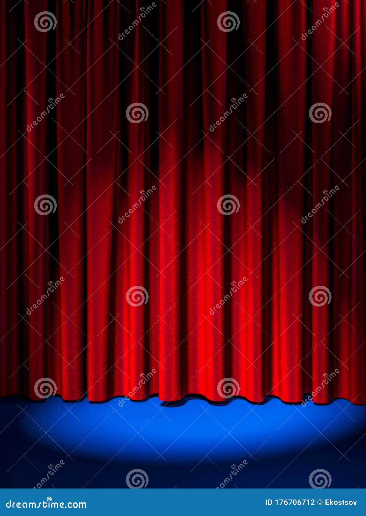 Illuminated by Spotlight Red Curtains and Blue Floor. Modern Showcase ...