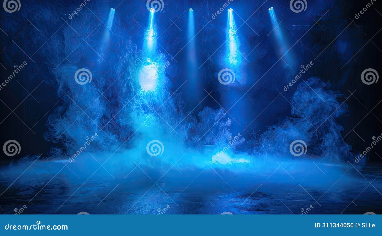 Illuminated Stage with Blue Lights and Smoke on Black Background Stock ...