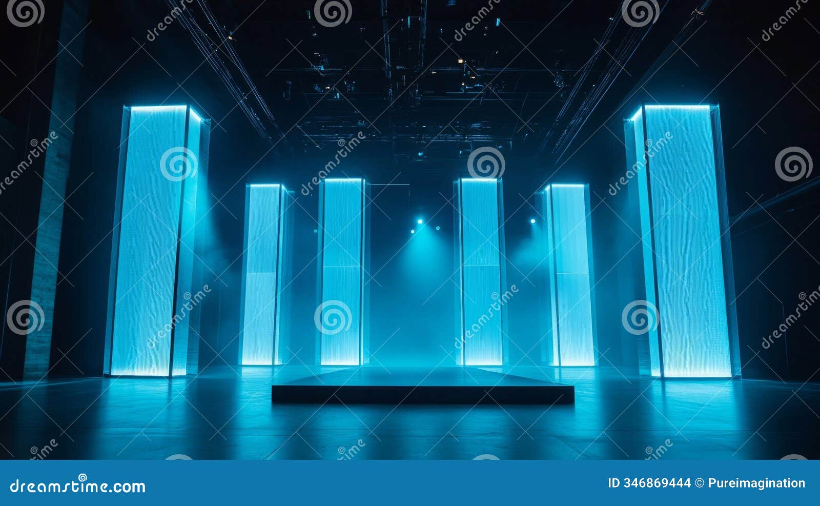 Illuminated Stage Design with Tall Blue Light Panels Stock Illustration ...