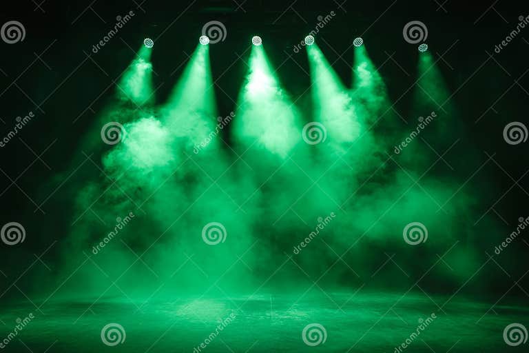 Illuminated Stage with Green Spotlight and Atmospheric Smoke Creating a ...