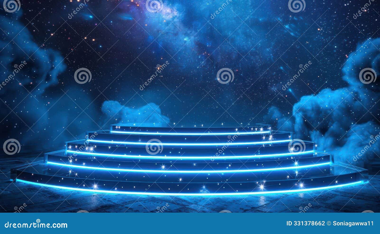 Illuminated Stage with Mystical Blue Lights and Starry Night Sky ...