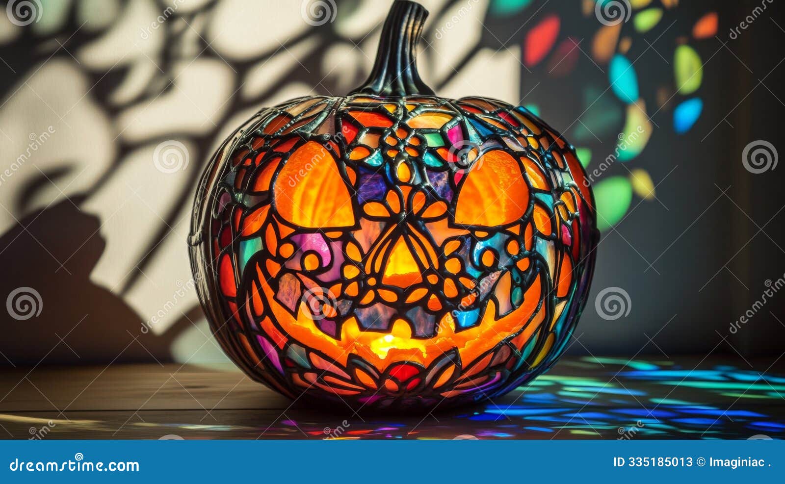 Illuminated Stained Glass Pumpkin with Shadow Patterns Stock ...