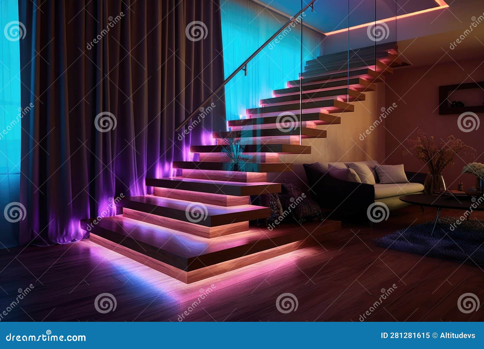 Illuminated Staircase with Led Lights Under Steps Stock Image - Image ...