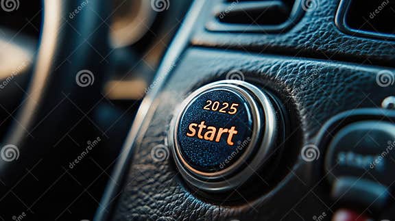 Illuminated Start Engine Button on Black Leather Surface with 2025 New ...