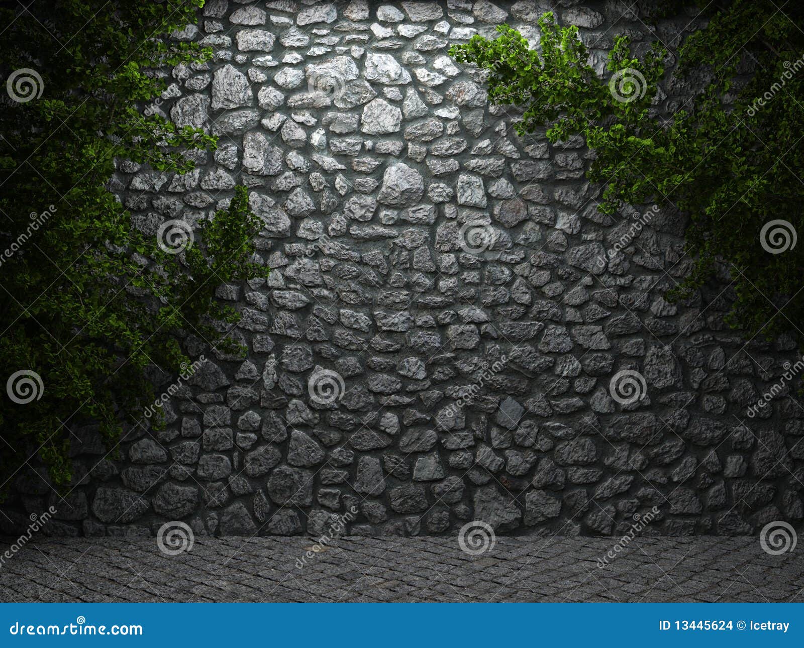 Illuminated Stone Wall and Ivy Stock Illustration - Illustration of ...