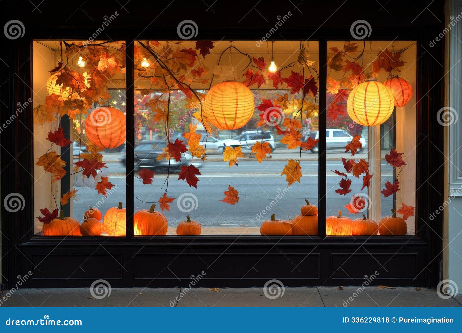 Illuminated Storefront Window Display with Fall Leaves, Lanterns, and ...