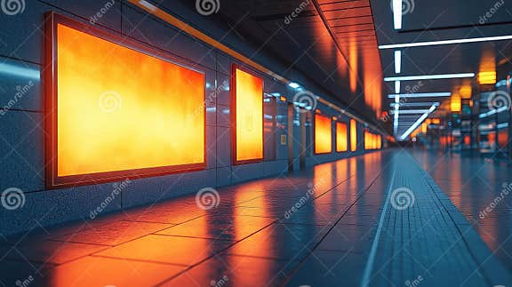 Illuminated Subway Corridor with Bright, Blank Advertisement Displays ...