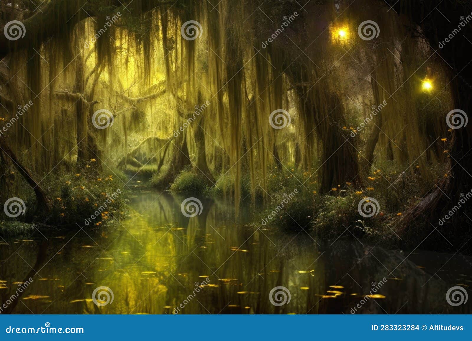 Illuminated Swamp Vegetation by Fireflies Light Stock Illustration ...