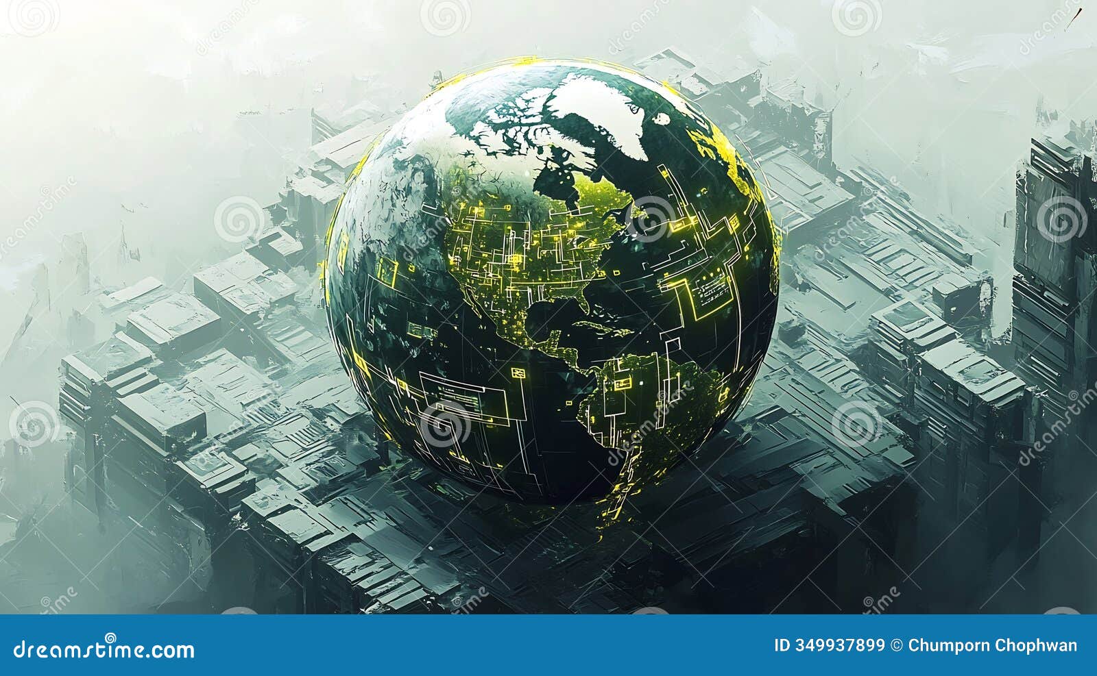 Illuminated Technocratic Globe Adrift in a Monumental Digital Landscape ...