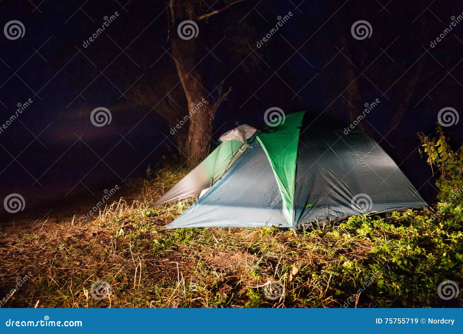 Illuminated Tent at Night in Camping Stock Image - Image of camping ...