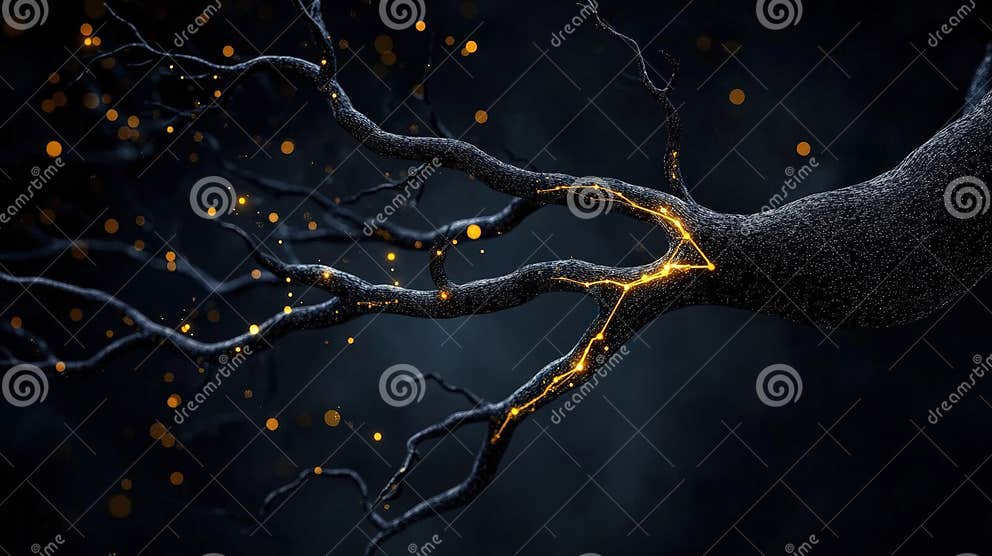 Illuminated Tree Branch with Glowing Effects on a Dark Background Stock ...