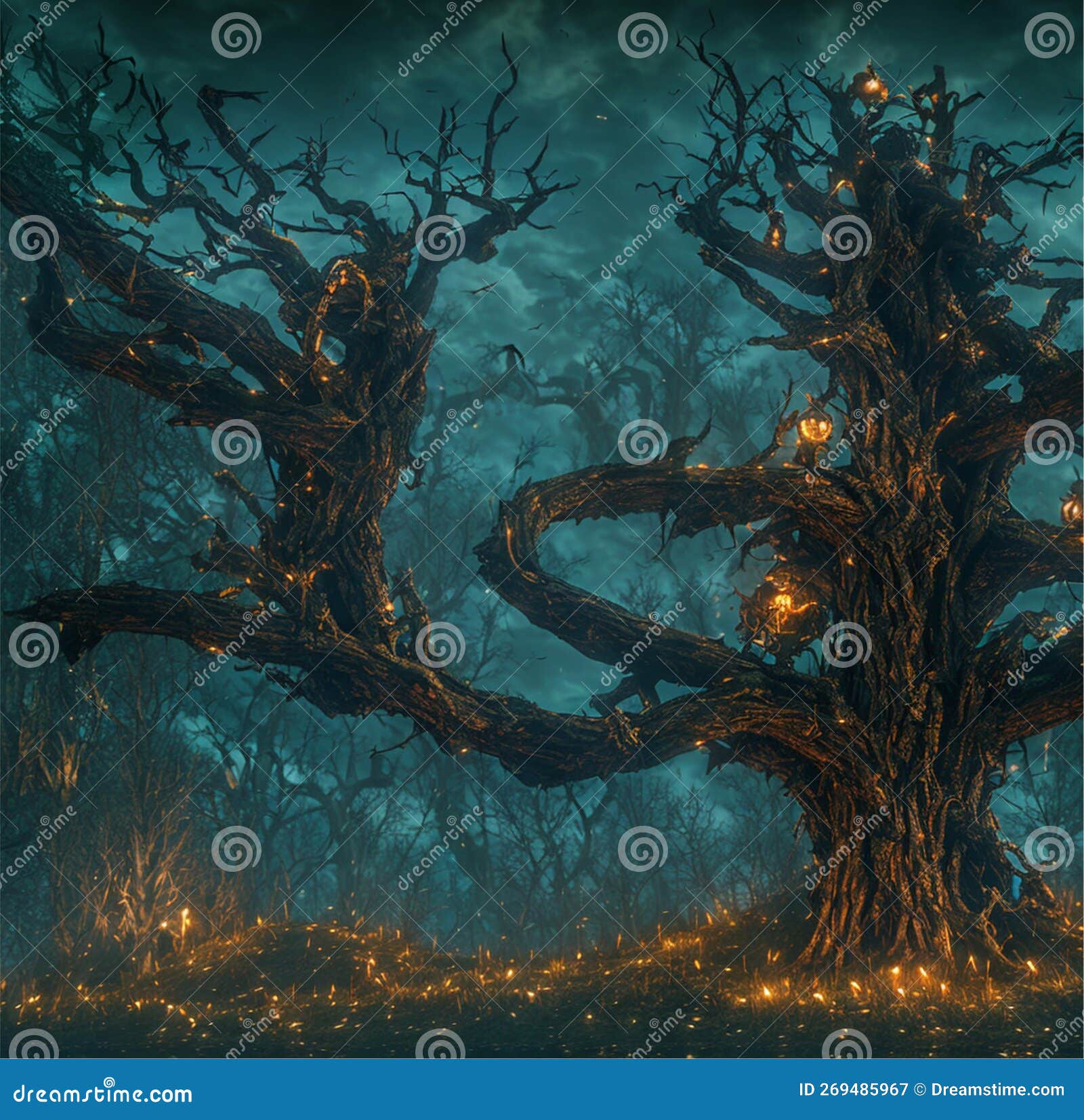 Illuminated Tree at Spooky Misty Autumn Night AI Stock Illustration ...